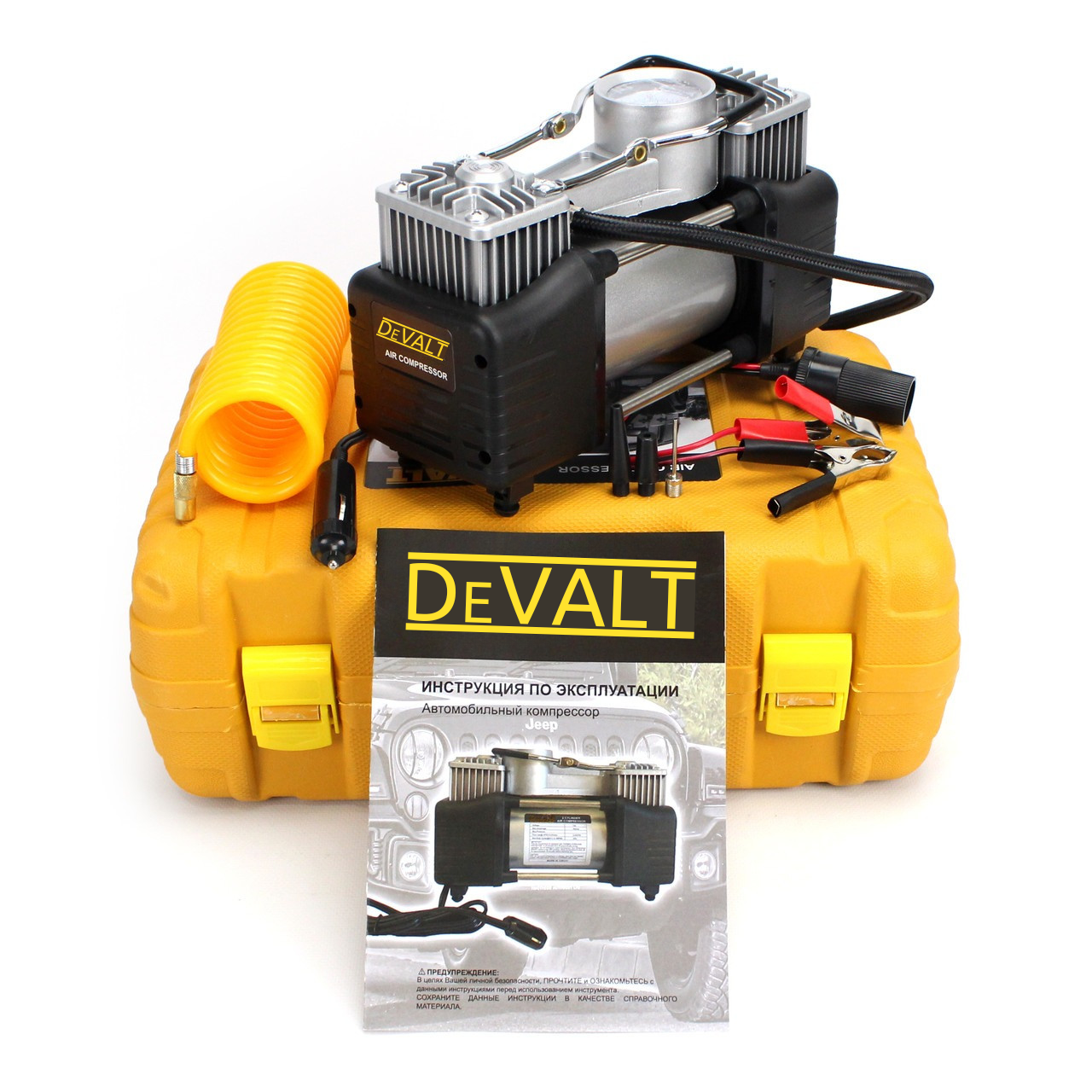 Повітряний автомобільний двох поршневий компресор DeValt 72 л/хв 12V 30A з набором інструментів ...