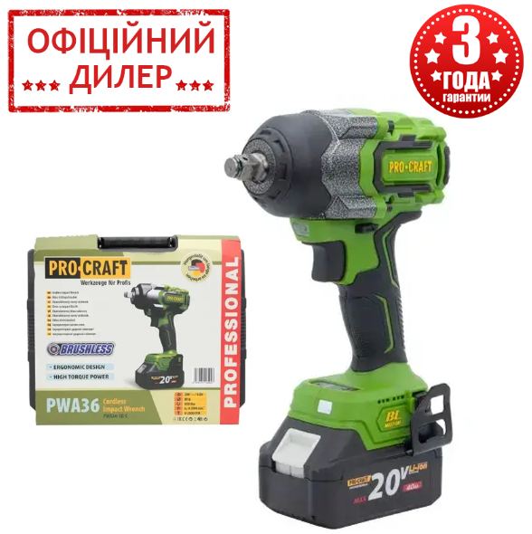 Безщітковий акумуляторний гайковерт Procraft INT PWA36 (Кейс, 1 акб 4 А·год, 850 Нм, квадрат 1/2 ...