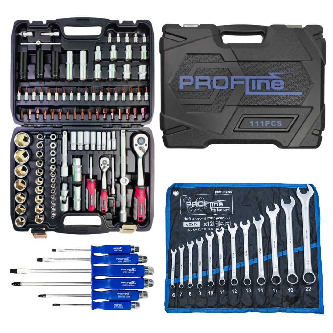 Набір інструментів PROFLINE 3в1 (Набір PROFLINE 111 од + набір ключів 12 од + ударні викрутки 6 ...