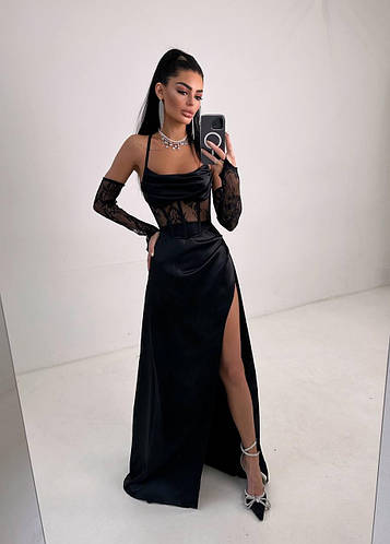 Женский вечерний костюм с атласной юбкой макси и корсетом с кружевом ...