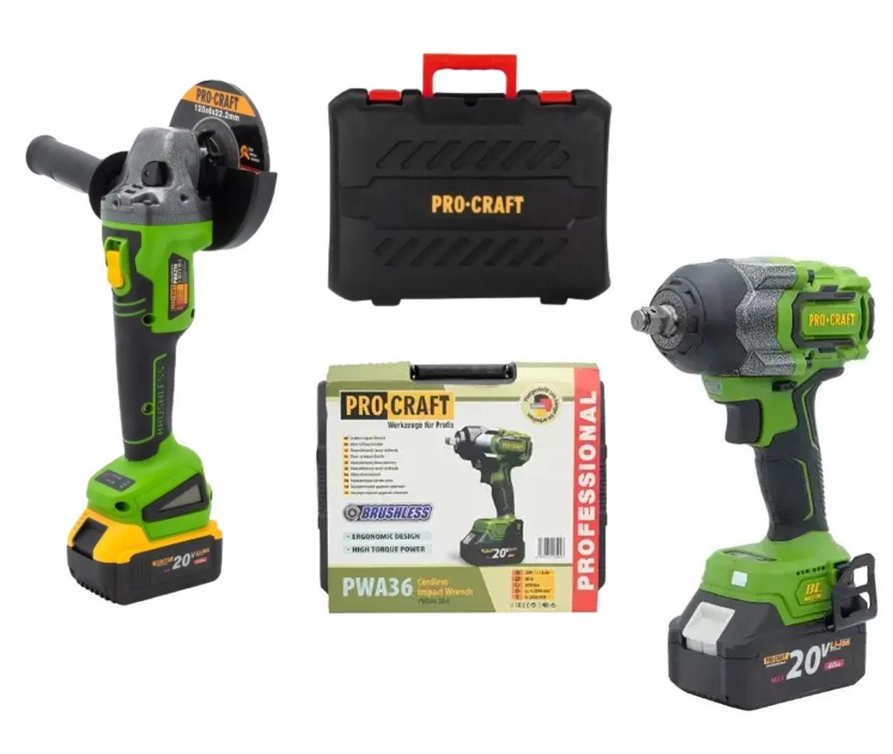 Набор 2в1: Гайковерт Procraft PWA36 + Болгарка Procraft PWA216, АКБ комплект (20 В, 4 Ач) ушм и ...