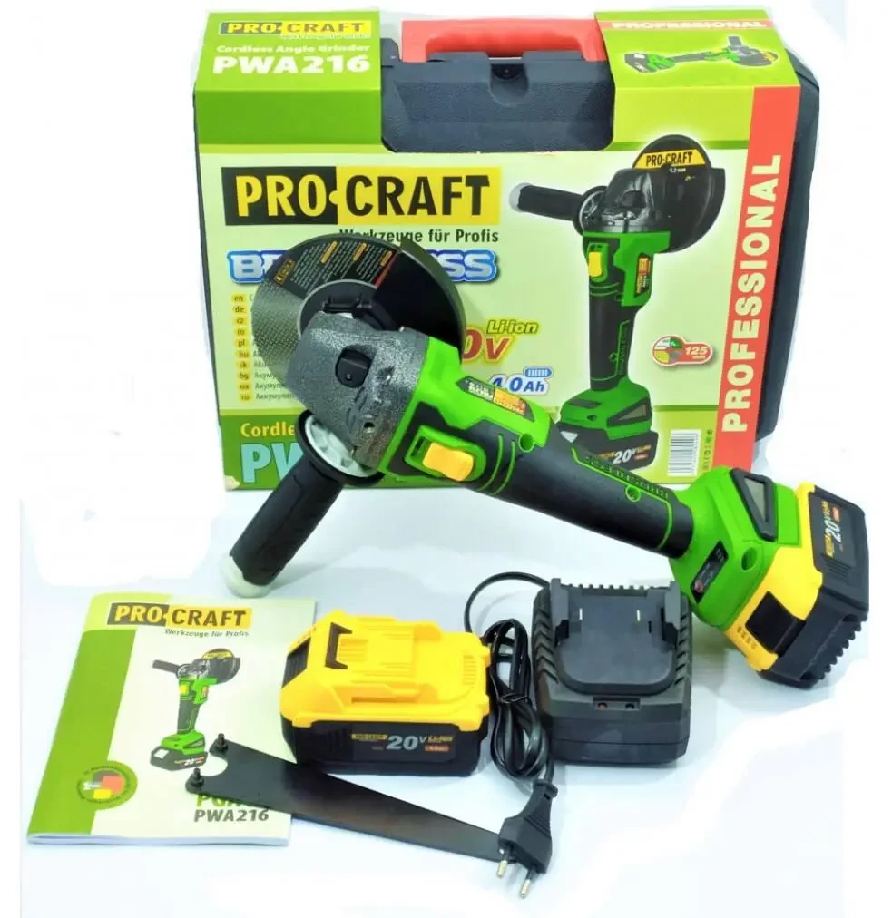 Універсальна акумуляторна болгарка Procraft PWA216 з 2 АКБ (20 В, 4 А·год) і ЗП, КШМ з ...