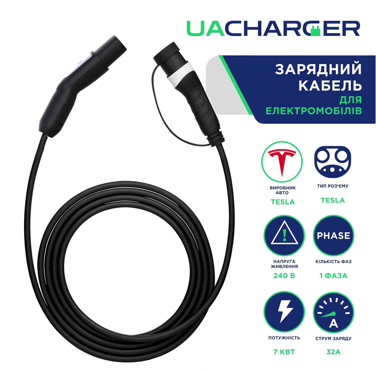 Кабель для заряджання електромобілів Tesla Type 2 - Tesla 32А 7кВт ...