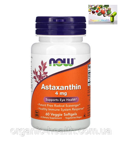 Астаксантин, NOW Foods, астаксантин 4 мг, 60 рослинних капсул (ID ...