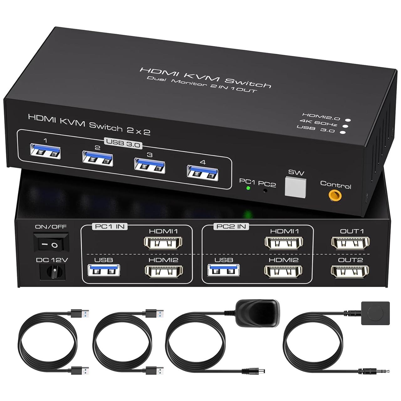 Переключатель HDMI KVM Switch для двух мониторов и компьютеров 4K 60Hz совместное использование ...