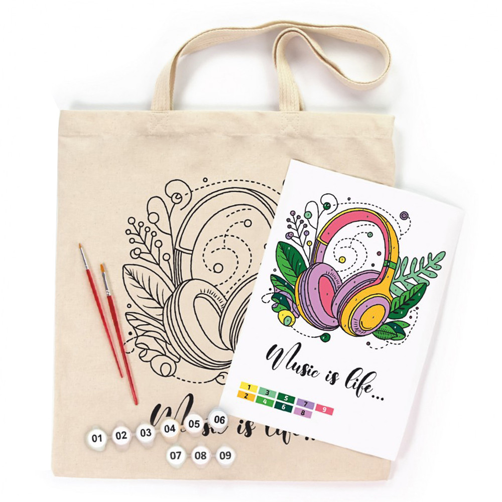 Набір, екосумка-розмальовка, "Music is Life", бавовна 220 г/м2, 38х42 ...
