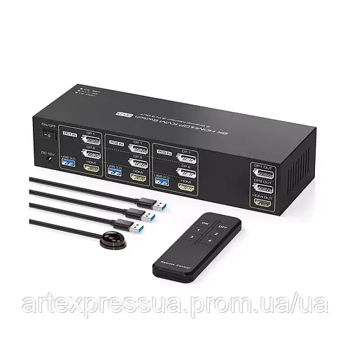8K KVM 3x3 перемикач 3 монітори 3 комп'ютери HDMI+2 Displayport 4K144 Гц KVM-перемикачі (ID ...