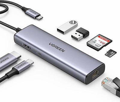 USB-хаб UGREEN CM512 USB-C to 2*USB3.0+HDMI+RJ45+SD&TF +PD port ...