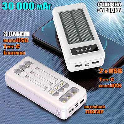 Power Bank Nomi Solar 30000mAh Білий Повербанк із сонячною панеллю, LED ...