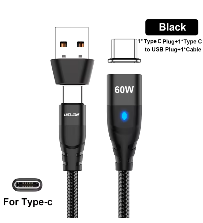 USLION 60W PD Магнитный кабель - Type-C к Type-C + адаптер на USB-A ...