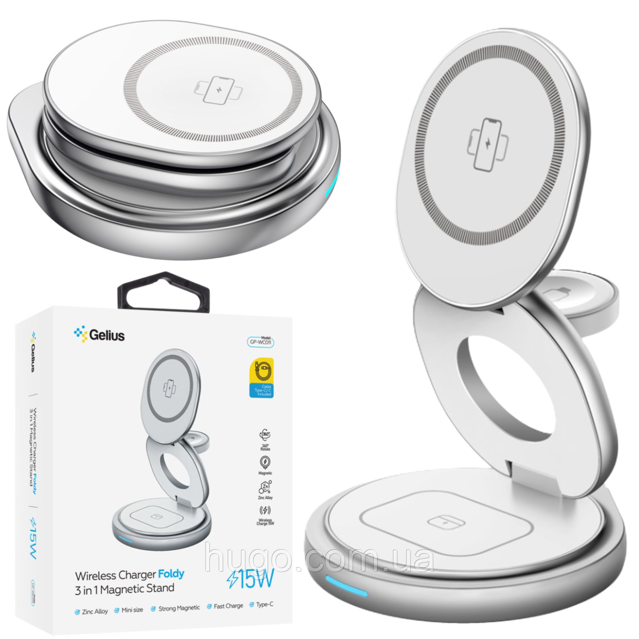 Складане бездротове заряджання Gelius Foldy 3в1, 15Вт, з кабелем GP ...