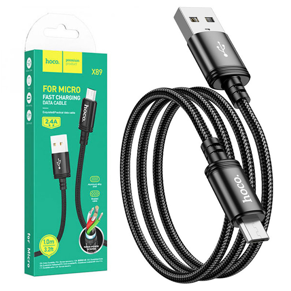 Кабель USB – Micro USB, 1 м, 2,4 А, HOCO X89, Чорний / Кабель для заряджання телефону / Зарядний ...