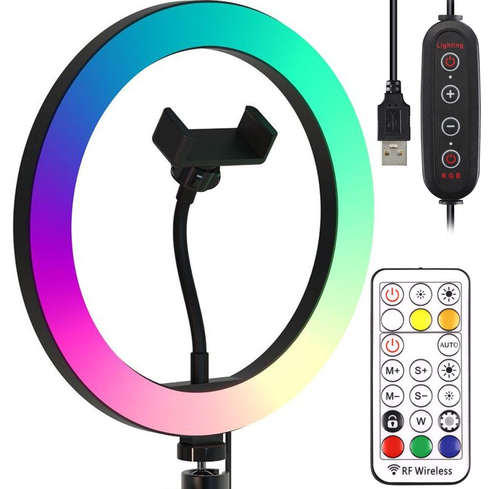 Кільцева лампа RGB, 26см, від USB + пульт, LJJ-26 / Селфі лампа / LED лампа кільцева ...
